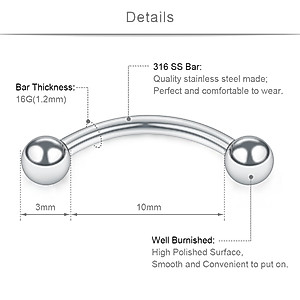 SCERRING 6PCS 16 Gauge 10mm Stainless Steel 3mm CZ Gems Shiny-Ball Curved Barbell Curved Barbell Eyebrow Cartilage Tragus Belly Lip Ring Studs - Silver