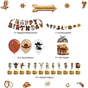Cowboy Birthday Decorations, Wesrtern Horse Party Supplies with Cowboy Garland Happy Birthday Banner Cake Toppers Latex Balloons for Kids Boys Western Themed Birthday Party Decorations