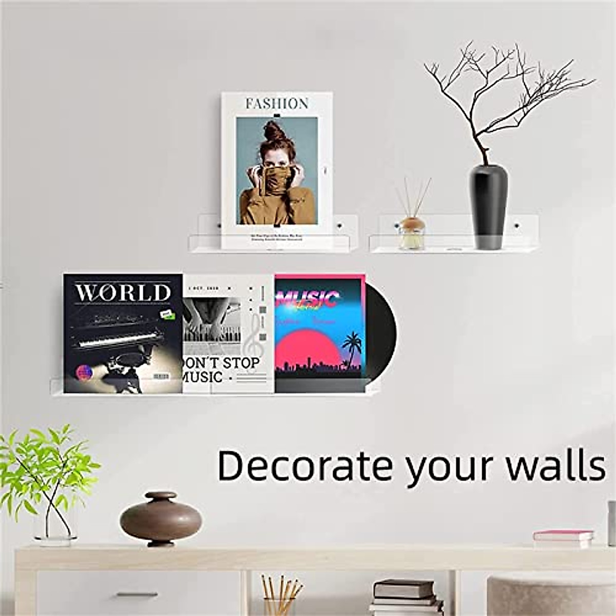 facinlay Acrylic Shelves, Clear Floating Shelf, Wall Ledge Bookshelf,Kids Bookshelf, Invisible Spice Rack, Thick Bathroom Storage Shelves, Display Organizer for Office Kitchen, 15" L, Set of 3