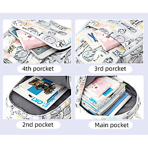 FITSEN Kawaii Backpack Graffiti and Letter Style Bookbag Aesthetic Outdoor Daypack (Grey)