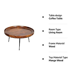 The Urban Port Round Mango Wood Coffee Table with Splayed Metal Legs, Brown and Black