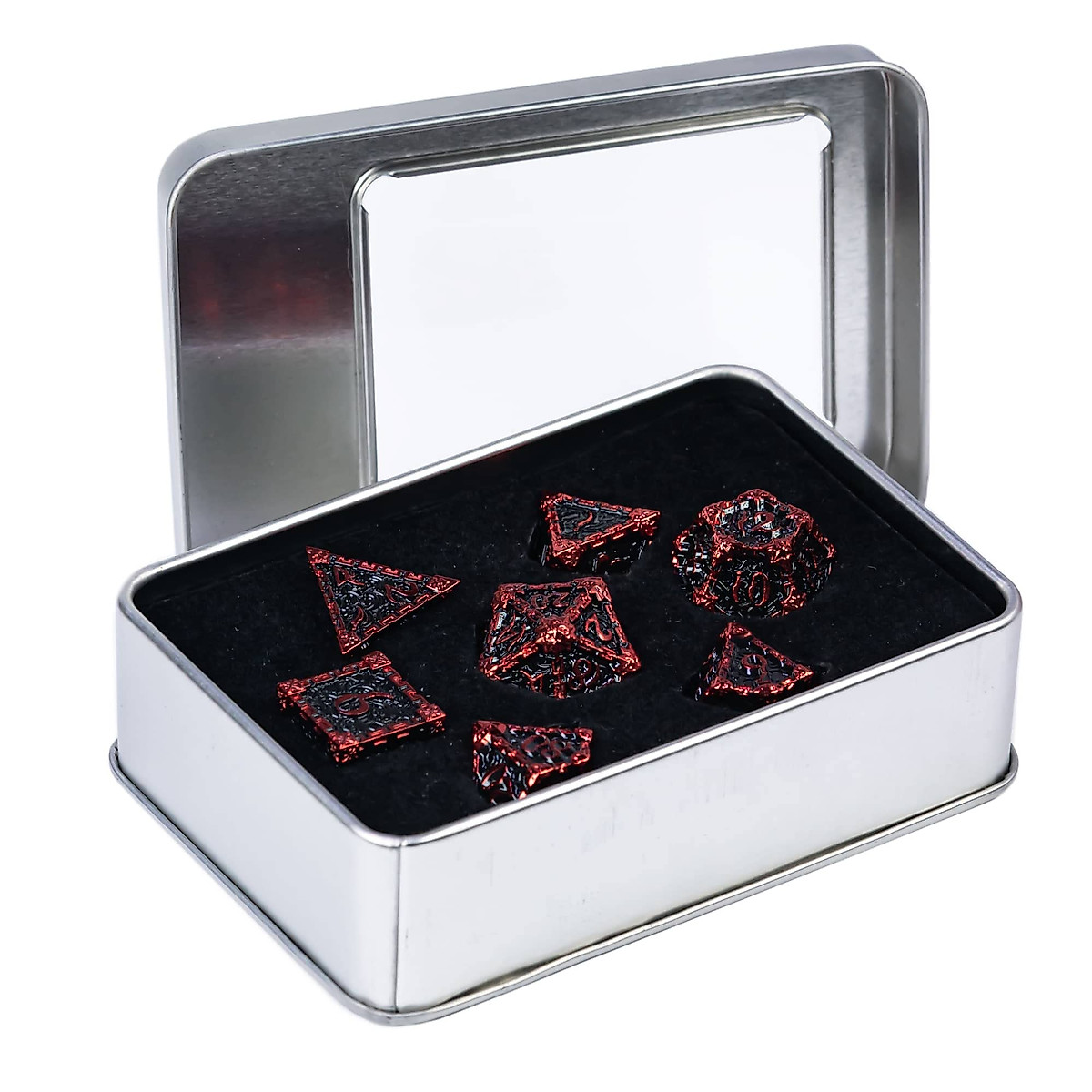 Cusdie Metal Dice with Metal Box, 7 PCs DND Metal Dice, Dagger Design Polyhedral Dice Set, for Role Playing Game D&D Dice MTG Pathfinder (Black with Red Font)
