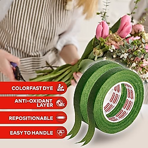 XFasten Wide Floral Tapes for Bouquet 1/2-Inch x 30 Yards - Dark Green (2-Pack) Bouquet Stem Wrap Tape for Florist – Waterproof Boutineer Tape for Flower Stem Wrap and Craft Adhesive