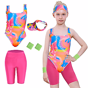 Girls 80s Workout Costume Margot Robbie Movie Cosplay Outfit Halloween Dress Up (Pink, 130)