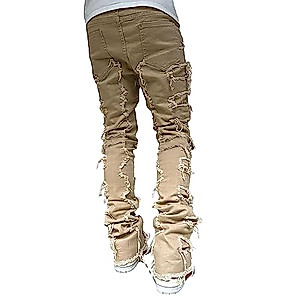 DSORVICD Mens Stacked Jeans Slim Fit Ripped Distressed Jeans Destroyed Straight Denim Pants Y2k Jeans Streetwear (Khaki, L)