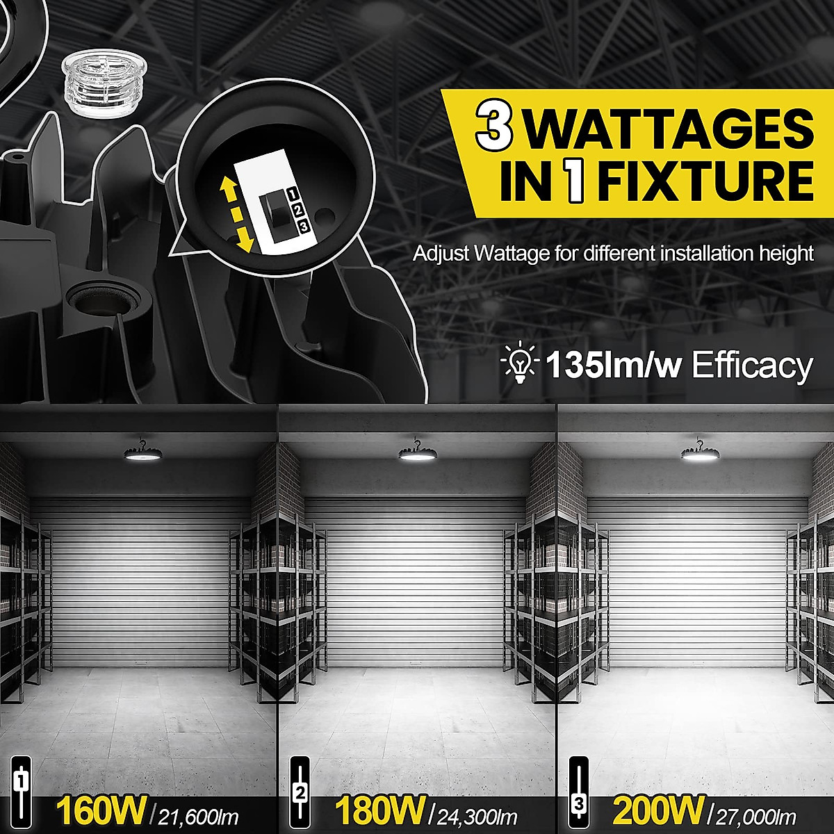 YARBO 200W LED High Bay Light 180W 160W Selectable, 3000K/4000K/5000K Switchable UFO LED High Bay Light, US Plug 5' Cable, Hanging Hook, Safe Rope, Non-Dimmable, High Bay LED Shop Lights for Warehouse