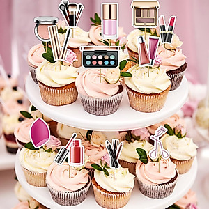 24PCS Makeup Cupcake Toppers - Makeup Cupcake Toppers for Girls Makeup Birthday Party Decorations Cosmetics Cake Toppers Make Up Party Supplies for Bridal Shower Cosmetics Party