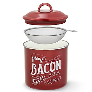 [ Larger Capacity ] Bacon Grease Container with Fine Strainer and Lid - 38 OZ Enamel Bacon Grease Keeper Oil Can for Bacon Fat Dripping - Farmhouse or Kitchen Gift & Decor, Bacon Cooker Accessories