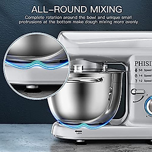 PHISINIC Stand Mixer, 5.8-QT 660W Electric Kitchen Mixer, 6-Speed Tilt-Head Household Stand Mixer, Kitchen Food Mixer with Dough Hook, Wire Whip and Beater, for Baking, Cake, Cookie, Kneading (Silver)
