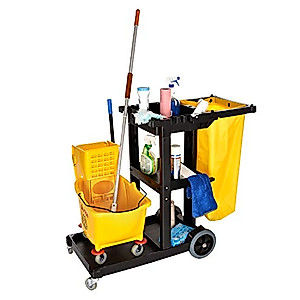 Alpine Housekeeping Cart - Tradiotional Janitorial Cleaning Cart - 3 Large Shelves - Commercial Rolling Janitor Caddy with Vinyl Bag - Custodial Utility Carts (Traditional Cart)
