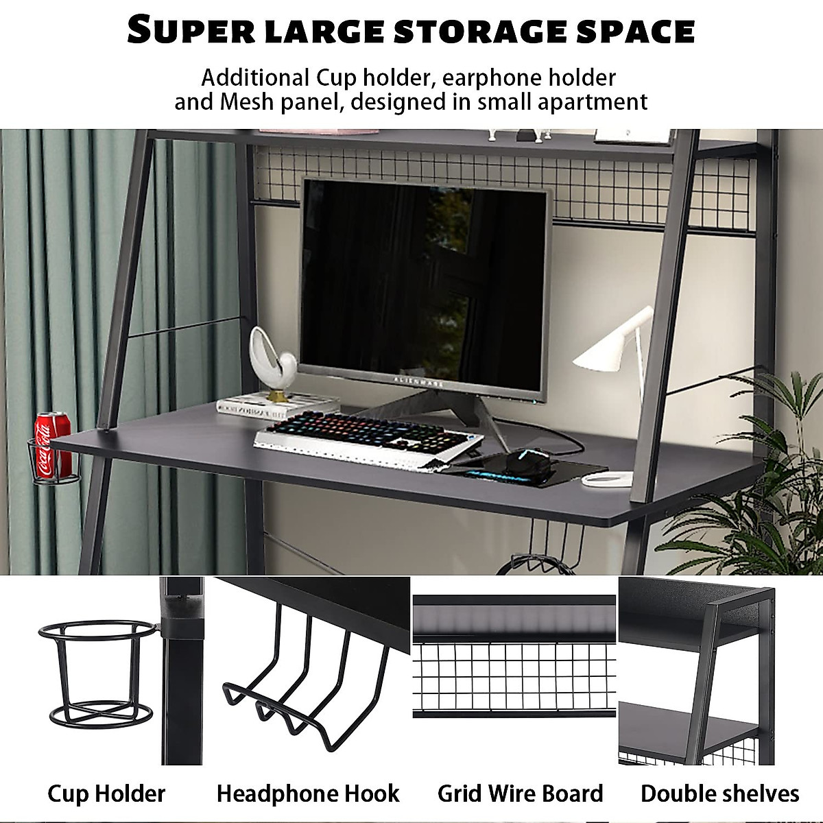 LYNSLIM Gaming Desk – 43” Computer Table for Home Office Gamer Workstation with Storage Shelf,Cup Holder and Headphone Hooks (Black, 43")
