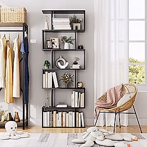 FOTOSOK 6 Tier Bookcase, S-Shaped Black Bookshelf,Tall Bookcase Freestanding Display Shelf for Bedroom, Living Room, Home Office