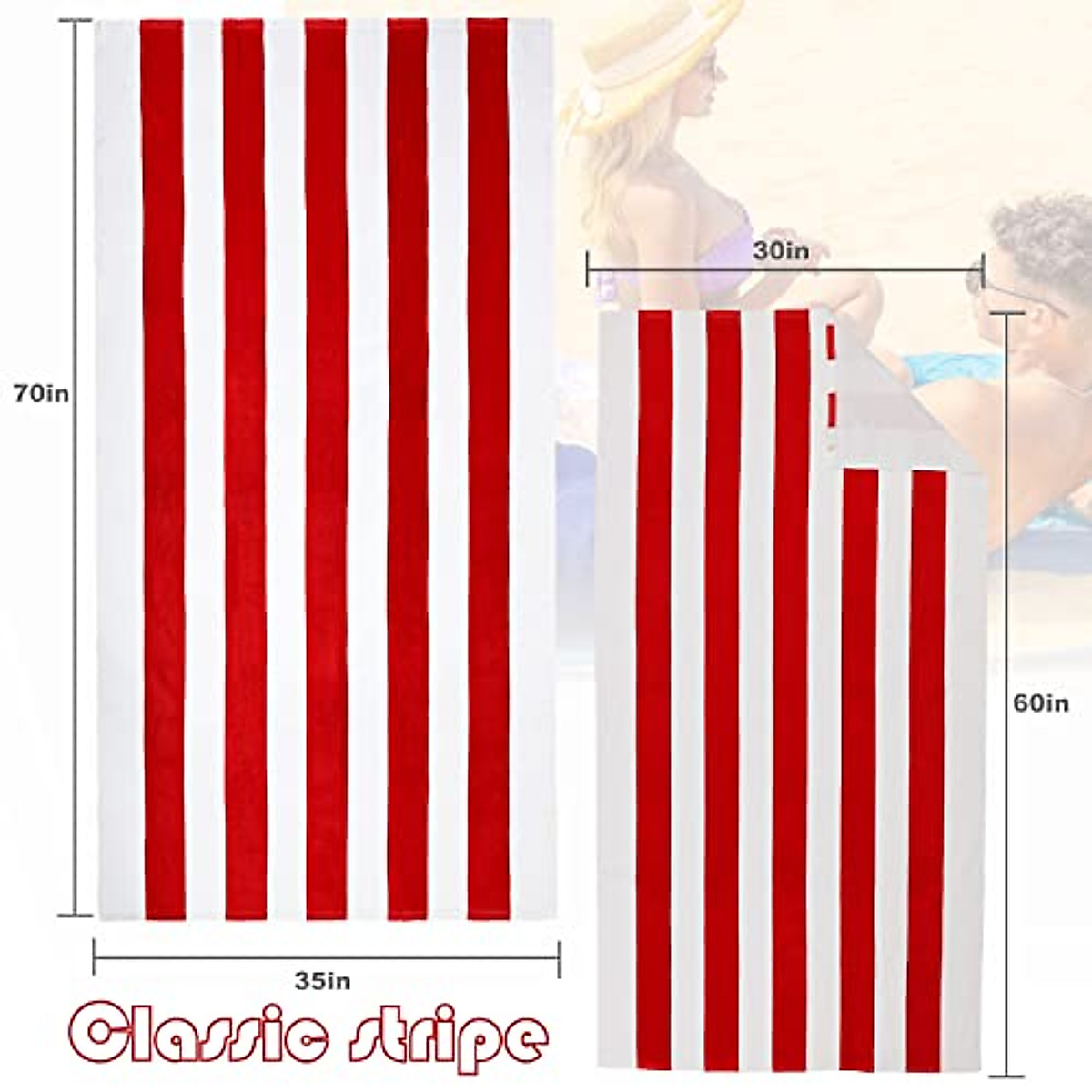 Exclusivo Mezcla 2-Pack 100% Cotton Oversized 35"x70" Cabana Stripe Beach Towels, Super Absorbent Soft Plush Pool Towel, Bath Towel (Red)