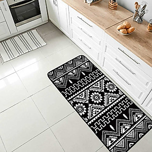 Kitchen Rug Mat Black Ethnic Boho Style Non-Slip Absorbent Runner Rug for Kitchen Floor, Entryway, Hallway and Dining Room, Machine Washable Carpet