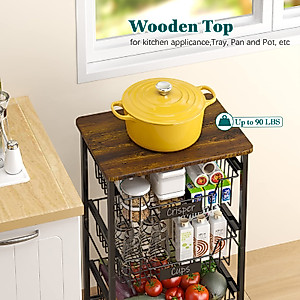 CHLORYARD 4-Tier Vegetable Fruit Basket Kitchen Storage Rolling Cart on Wheels with Pull-Out Baskets and Wood Top for Kitchen Diningroom Pantry