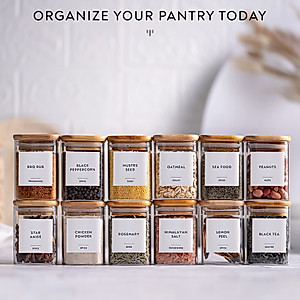 Laramaid 7oz 12Packs Glass Jars Set with 208 Minimalist Spice Labels, Square Spice Jars with Bamboo Lids and White Vinyl Customized Sticker Labels, Food Storage Container Canisters
