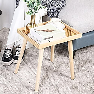 XOXNEUN Rattan Side Table,Rectangle Nightstand,Boho Side Table,Small Sofa Table for Living Room Bedroom Small Spaces. (Burlywood)