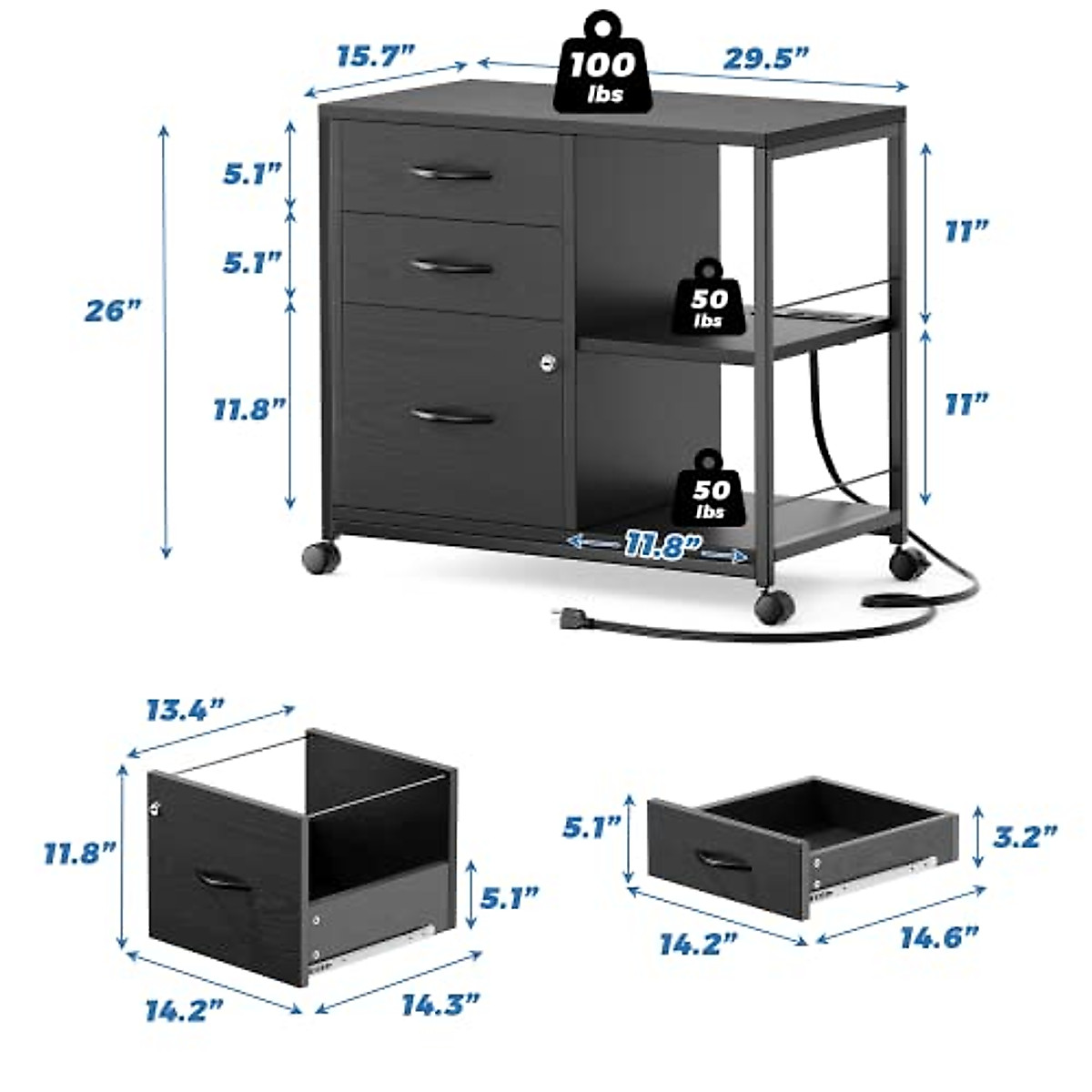 Himusi File Cabinet, Filing Cabinets for Home Office with Lock and USB Charging Port, 3 Drawer Wood File Cabinets for A4/Letter Size, Printer Stand with Storage