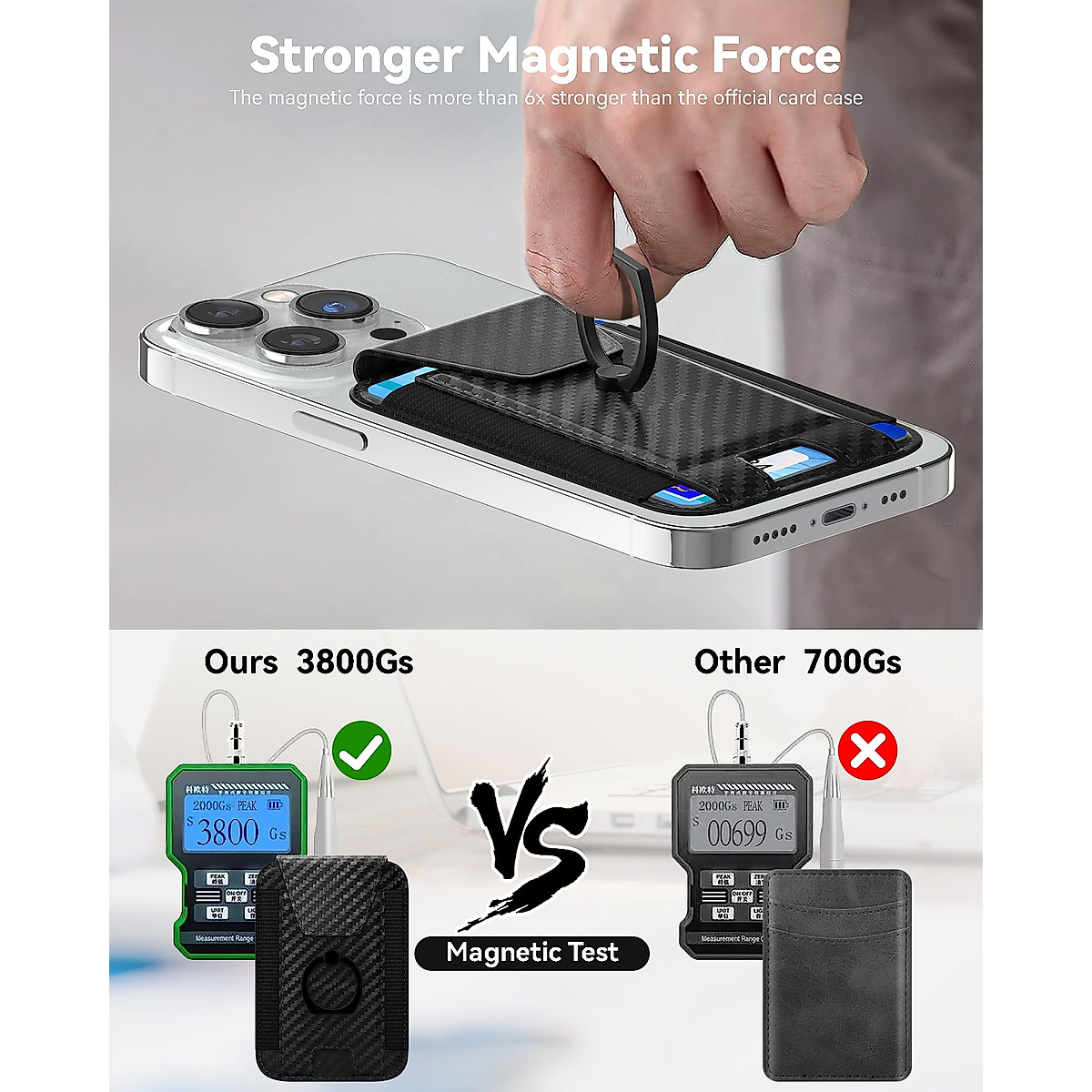 Amzone 3-in-1 Mag Safe Wallet, Leather Wallet with Phone Ring Stand, Mag Safe Wallet with Magnetic Flap for iPhone 15/14/13/12 Series, 7 Card Holder, Carbon Fibre Black