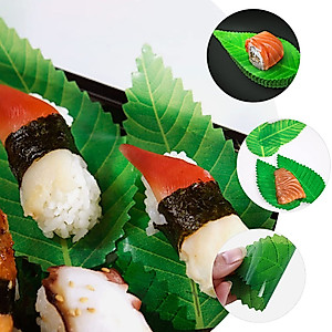 Operitacx 200pcs Artificial Leaf Sushi Plate Decoration Fake Green Leaves Sashimi Serving Tray Sushi Dish Platter Ornaments for Japanese Restaurant Decor
