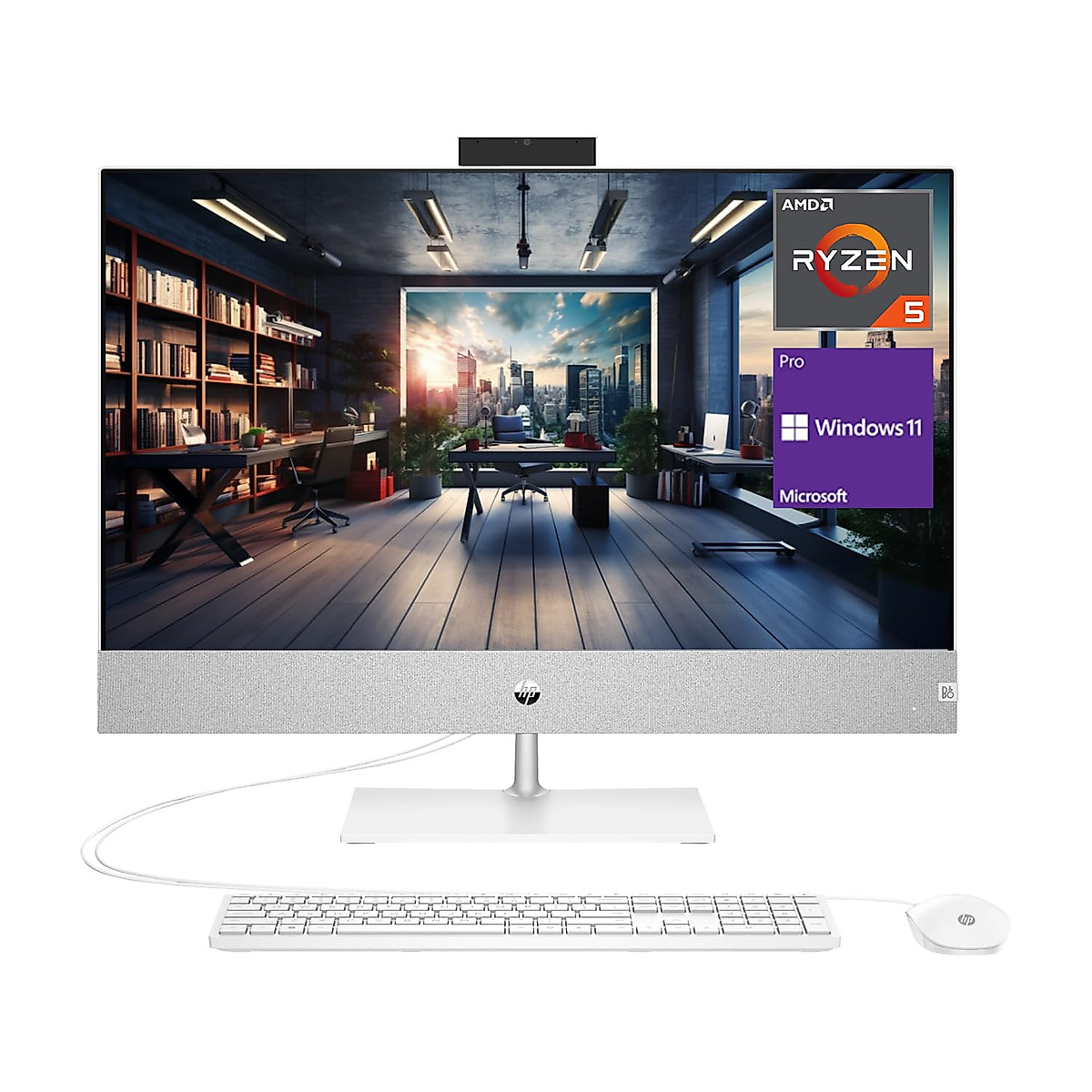 HP Pavilion All-in-One Business Desktop, 27” FHD Display, AMD Ryzen 5 5500U Processor, 64GB RAM, 1TB SSD, Wi-Fi 6, Webcam, HDMI, RJ-45, Wired KB & Mouse, Windows 11 Pro, White