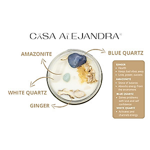 Ginger Aromatherapy Candle with Blue Quartz, White and Amazonite + Healing Crystal+ Soy Wax + Scented Oil + Botanical Decoration + Quartz 12 oz. La CASA de ALEJANDRA