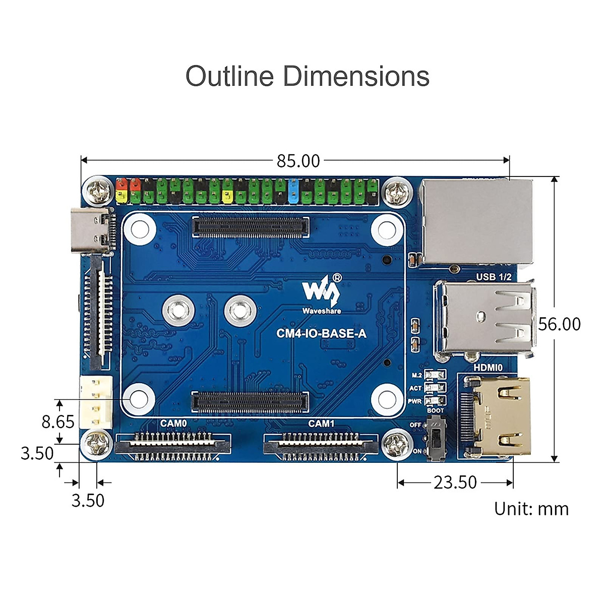 waveshare for Raspberry Pi Compute Module 4 Base Board Accessories Kit, Include CM4-IO-BASE-A (Lite Ver.), USB HDMI Adapter, FFC Cable and USB-A to USB-C Cable, More USB and HDMI Connectors via FFC