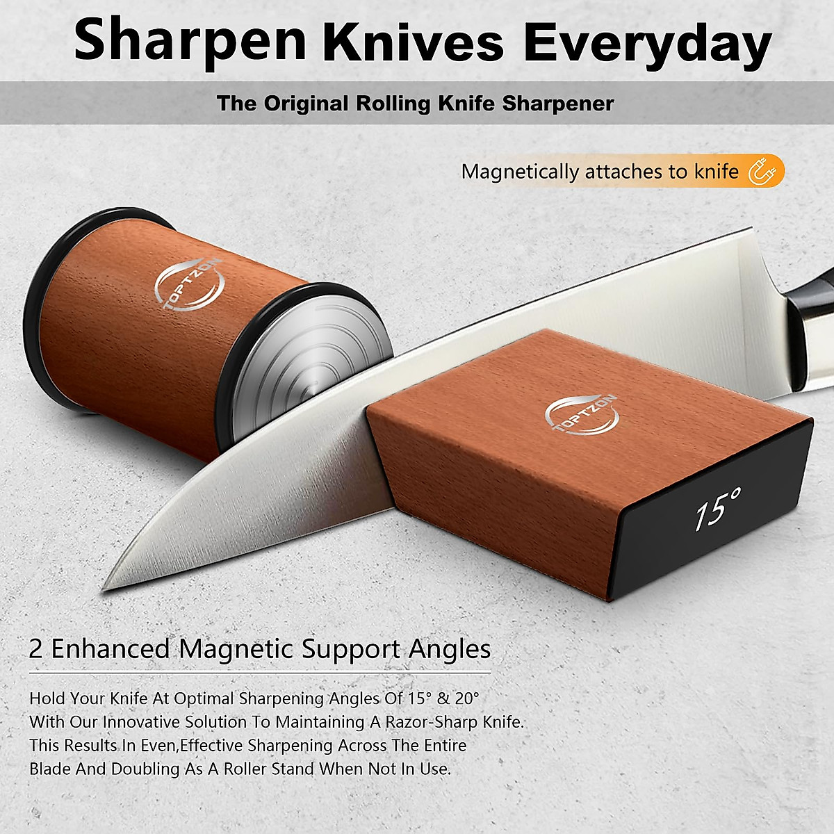Toptzon Diamond Brown Rolling Knife Sharpener – Roller Knife Sharpener Kit with 15 & 20 Degree Magnetic Angle Stand & Leather Strop Paddle Kit - Easy Sharpening for Kitchen Knife (Modern Brown)