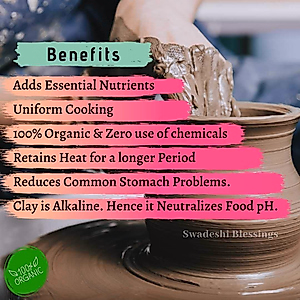 Swadeshi Blessings HandMade Exclusive Range Unglazed Clay HotCase/Earthen Pot for Cooking & Serving with Lid(Natural Firing Shade & Mirror Shine) + Free Palm Leaf Stand (2 Liters)