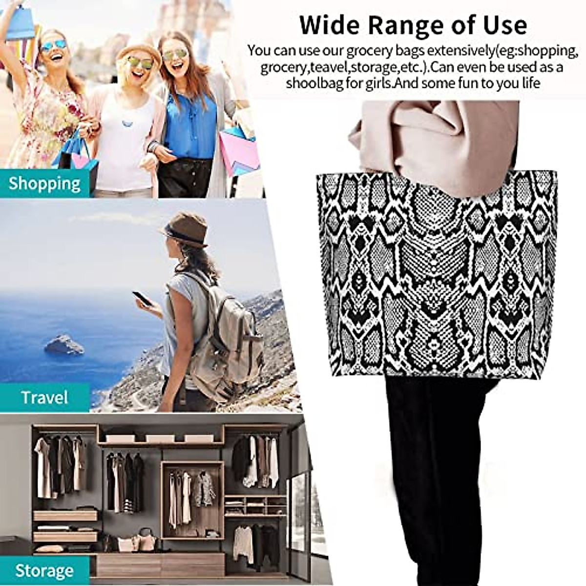 Gelxicu Snake Shoulder Tote Bags Snake Skin Casual Bag Shoulder Handbags Shopping Women Grocery Bags