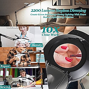10X Magnifying Glass with Light, NUEYiO 2200 Lumen Stepless Dimmable Magnifying Lamp, 4" Real Glass Lens, Adjustable Swing Arm Lighted Magnifier Desk Lamp for Repair, Crafts, Close Work. (Black)