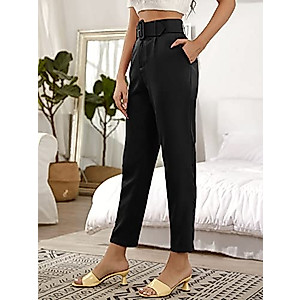 MakeMeChic Women's Casual High Waisted Belted Tapered Pants with Pockets Black M
