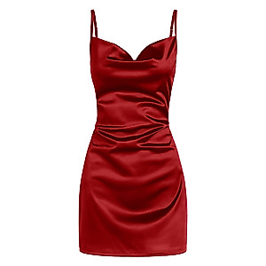 ZAFUL Women's Satin Sleeveless Spaghetti Strap Mini Dress Sexy Slip Cowl Neck Silky Cocktail Party Dresses(Red, S)