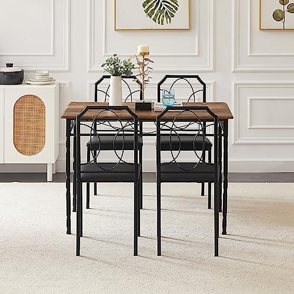 VECELO 5 Pieces Sets,43.3" Table&Chairs for 4,Industrial Counter Height Tabletop with Bar Stools, Rectangle Breakfast Chairs, Living Room, Apartment, Dining Table for 4, Brown