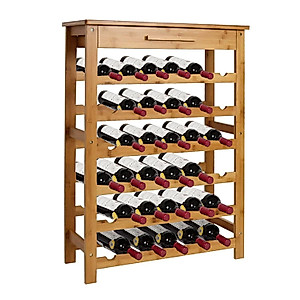 Kinfant Wine Rack Bamboo Liquor Cabinet - 36 Bottle Wine Storage Shelf Displayer Standing Floor 6 Shelves with Drawer