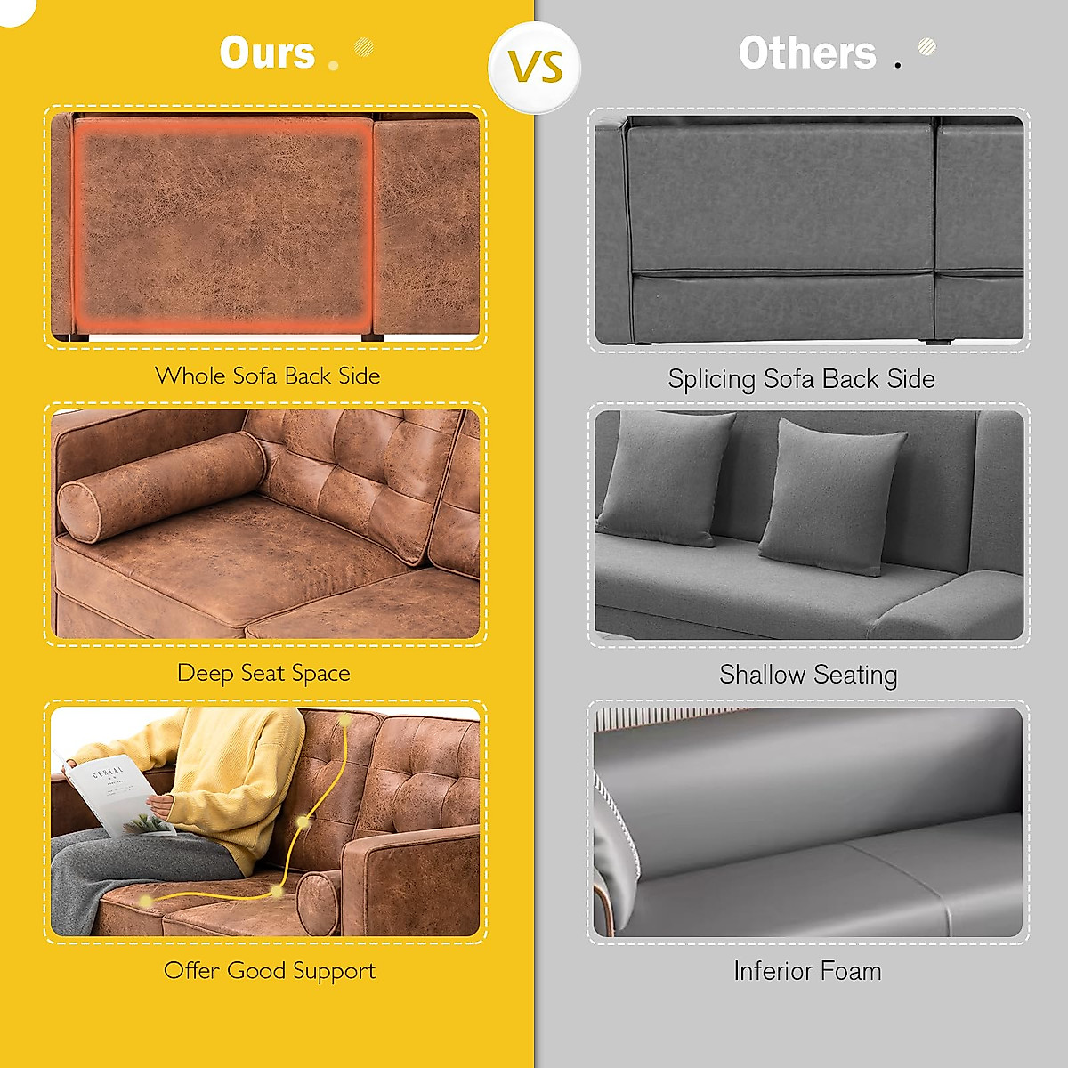 84" Faux Leather 3 Seater Sofa with 2 Bolster Pillows, Tufted Sofa with Wooden Legs, Mordern Couch for Living Room, Office, Apartment, Brown