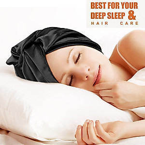 Geyoga 6 Pcs Reusable Large Silk Bonnet Hair Wrap for Sleeping, Natural Silk Scrunchy, Soft Scrunchies, Silk Ponytail Holder for Women's Hair Care (Black, Beige)