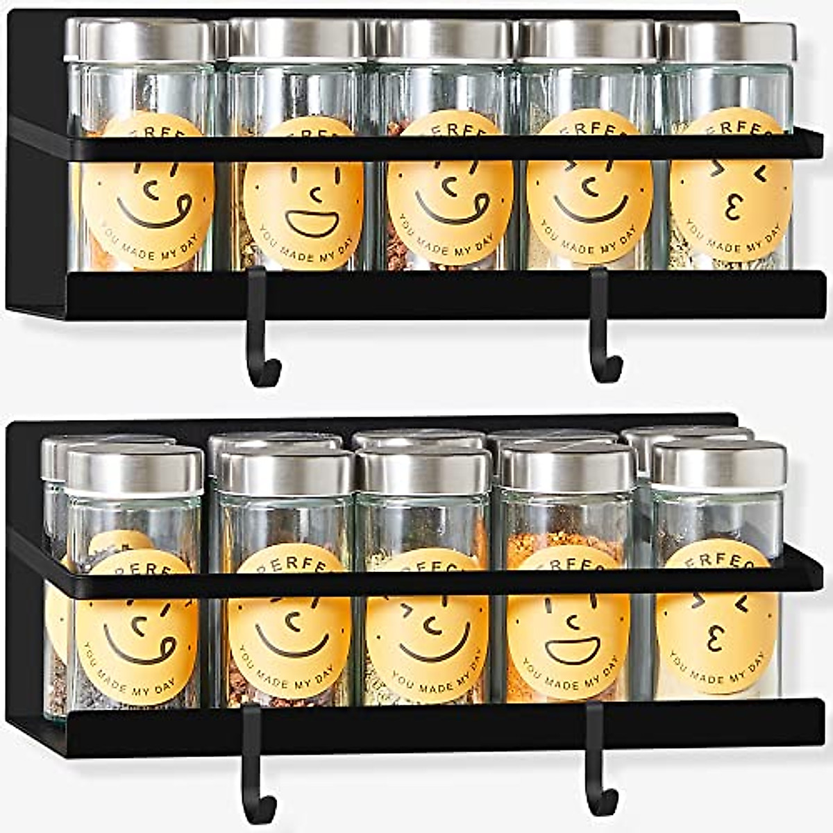 BRONYPRO Magnetic Spice Rack, 2 Pack Magnetic Shelf for Refrigerator, Large Spice Rack, Space Saver for Small Kitchen, Hanging Magnetic Storage With 4 Hooks, for Spices, Plates, Books, Plants（Black）
