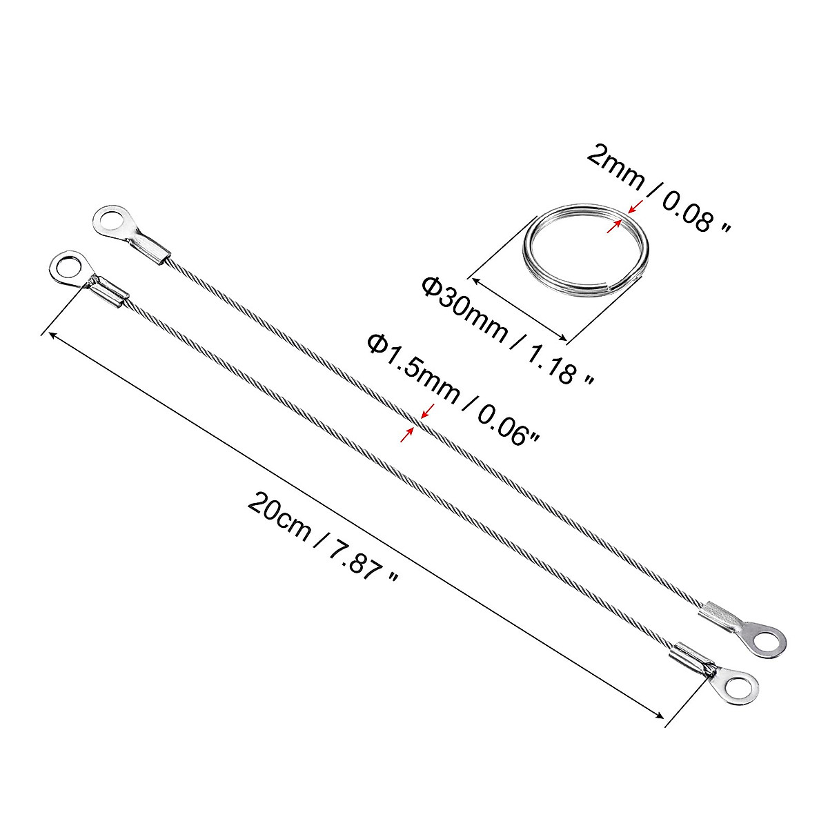 PATIKIL Stainless Steel Lanyard Cable 1.5mmx20cm, 6 Pack Eyelets Ended Security Wire Rope with 12 Pack Key Ring