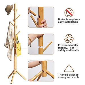 FILWH Bamboo Coat Rack Freestanding Adjustable Coat Tree with 3 Sections & 8 Hooks Easy to Assemble Coat Hanger Stand for Bedroom Office Hallway Entryway Bedroom Coat Rack（Natural）