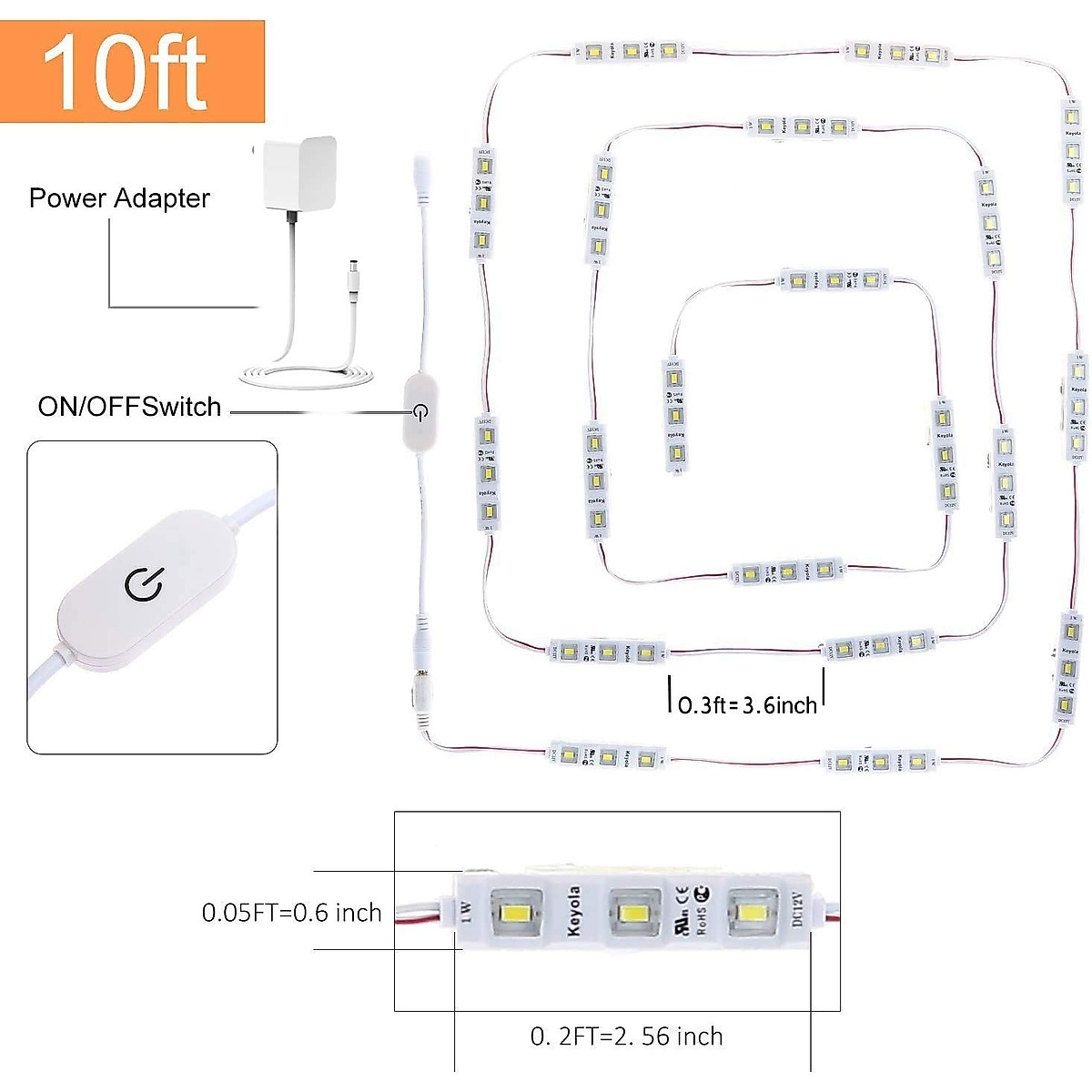 10ft 60 LED Under Cabinet Lighting Kit for Kitchen,Cupboard,Showcase,2400lm,6000K White
