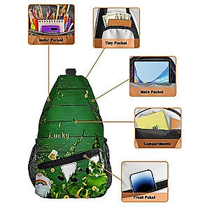 Sling Backpack, St.Patrick's Day Shamrocks Gnome Green Wood Grain Waterproof Lightweight Small Sling Bag, Travel Chest Bag Crossbody Shoulder Bag Hiking Daypack for Women Men