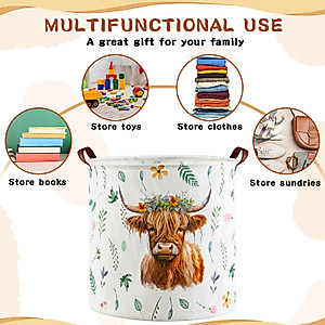 Barydat 2 Pcs Highland Cow Storage Basket, 17.3'' x 16.5'' Collapsible Waterproof Laundry Hamper, Nursery Toys Clothes Storage Basket Bin, Floral Farm Animal Holder Organizer for Bathroom