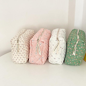 BILIPOPX 2 Pack Kawaii Cute Makeup Bag Aesthetic Travel Quilted Cotton Cosmetic Bag Organizer Toiletry Pouch for Women Teen Girls (Beige Floral)