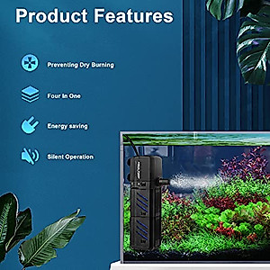 HUJIKF Submersible Aquarium Filter, 12W Fish Tank Filter 4-in-1 Diving Double Layer Filter Adjustable Oxygen Fountain Pump Internal Filter Used for Underwater Fish Tank & Aquarium, black
