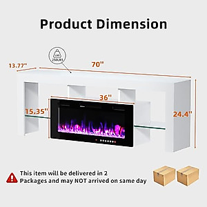 MU Modern 70" TV Fireplace Stand with 12-Color LED Lights & 12-Color Flame, High Gloss Floating Fireplace Entertainment Center with 36" Electric Fireplace (White, 70" TV Stand)