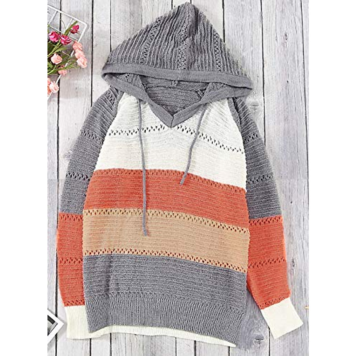 BLENCOT Women's Fall Hoodies Color Block Pullover Sweaters Warm Casual Loose Knitted Hooded Sweatshirts Tops Clothing Gray XL