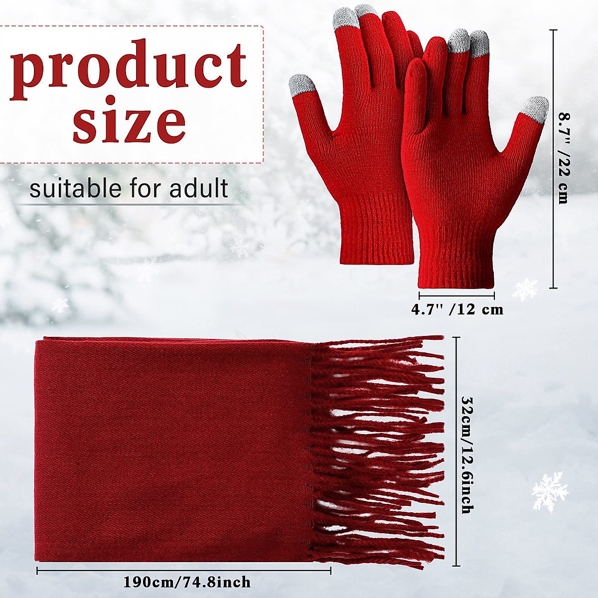 8 Pieces Scarf and Gloves Winter Knit Scarf and Glove Set, Cashmere Soft Scarf with Touchscreen Gloves for Women Gift (Black, Caramel, Navy, Burgundy)