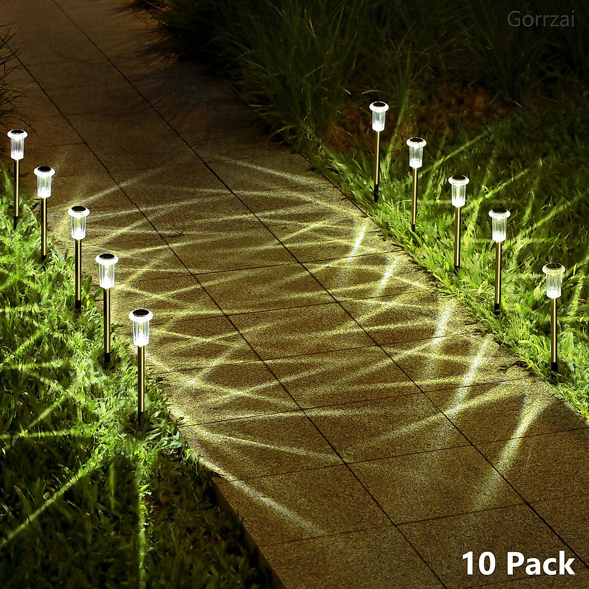 Gorrzai Solar Lights Outdoor 15 Pack Solar Pathway Lights LED Waterproof Stainless Steel Garden Stake for Yard, Outside, Walkway, Sidewalk, Driveway, Lawn (Warm White)