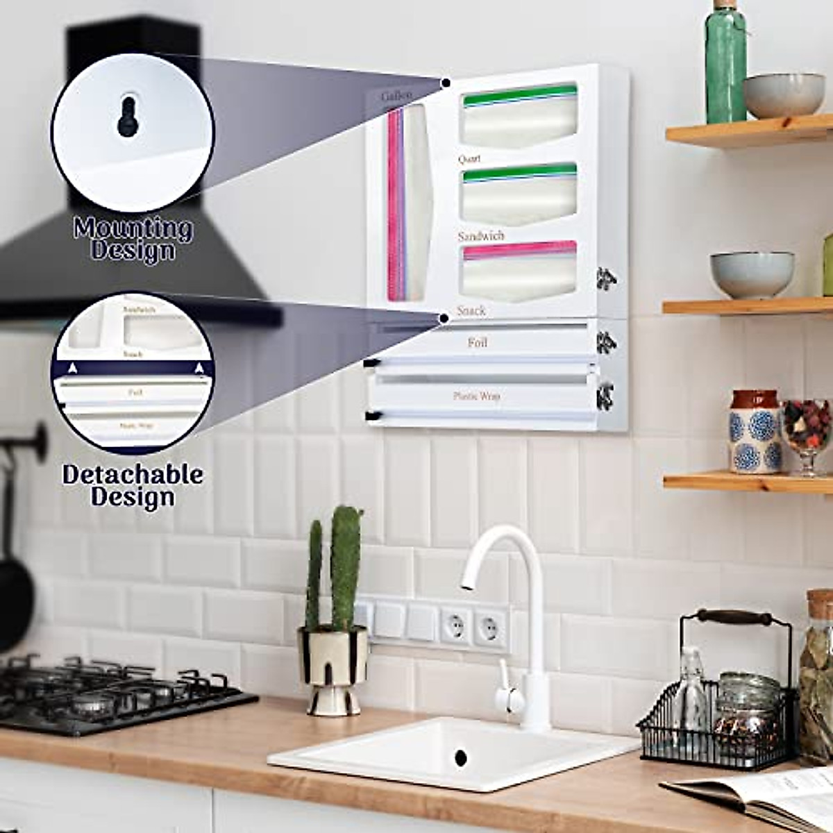 Ziplock Bag Organizer Bamboo, 6 in 1 Foil and Plastic Wrap With Cutter for Kitchen Drawer Compatible with Gallon, Quart, Sandwich and Snack Size Bags & 12" Rolls